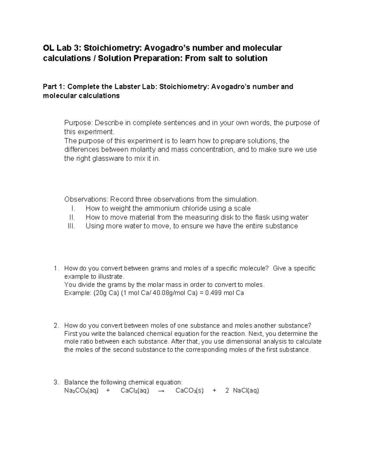 CHEM120- Week 3 lab - 100% - OL Lab 3: Stoichiometry: Avogadro’s number and molecular ...