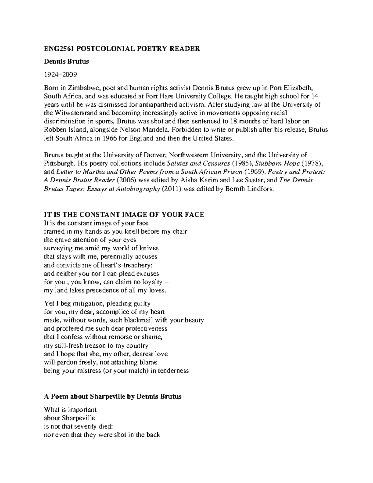 Course Reader Poems and Poets ENG 2561 - ENG2561 POSTCOLONIAL POETRY ...