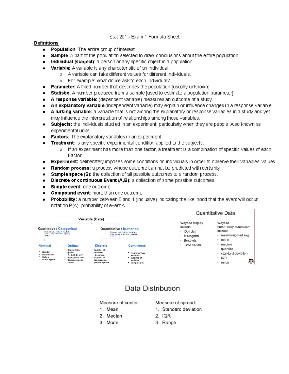 Stat 201 Exam 1 Formula Sheet Stat 201 Exam 1 Formula Sheet