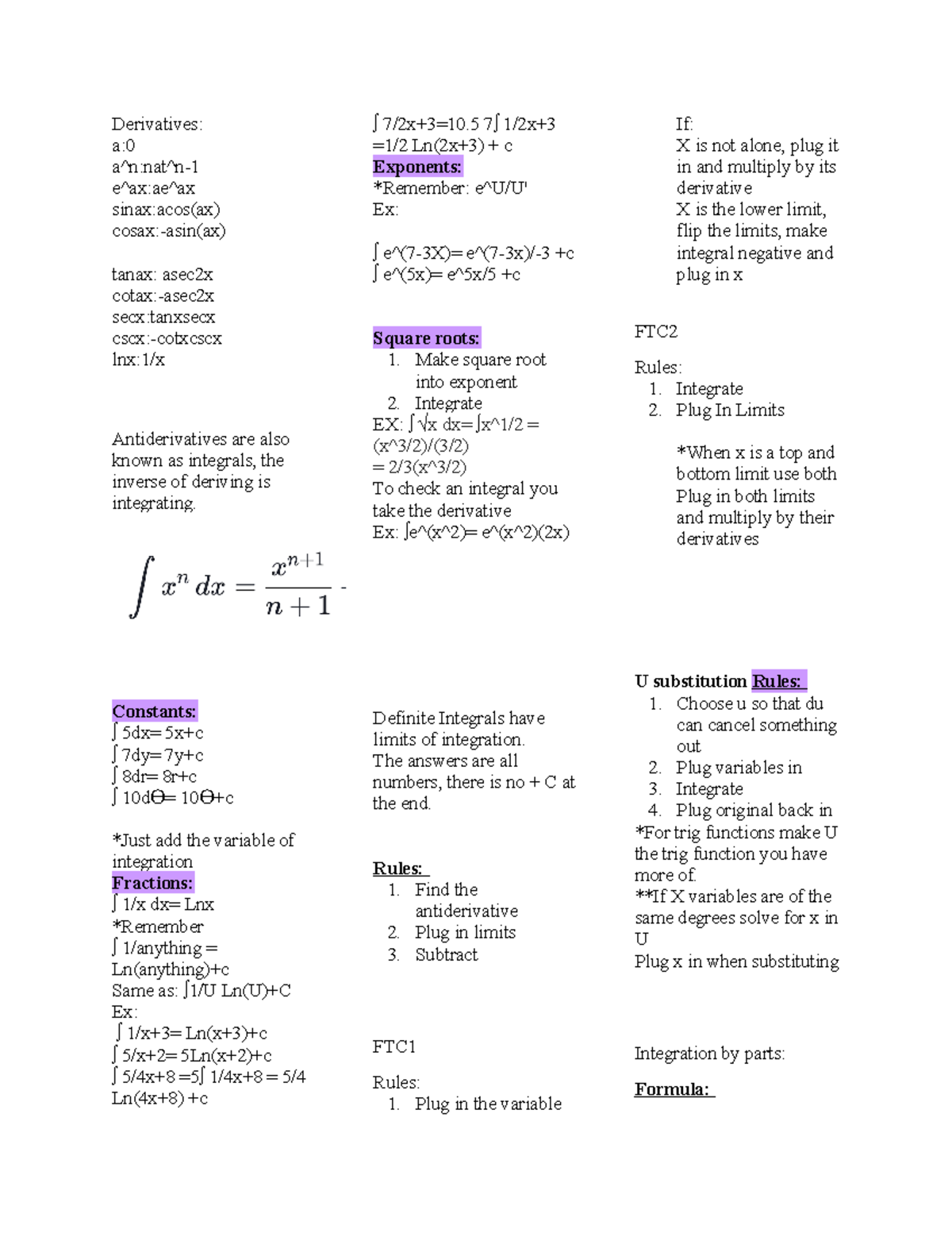 Calc review - Lecture notes Every Topic - Derivatives: a: a^n:nat^n- e ...