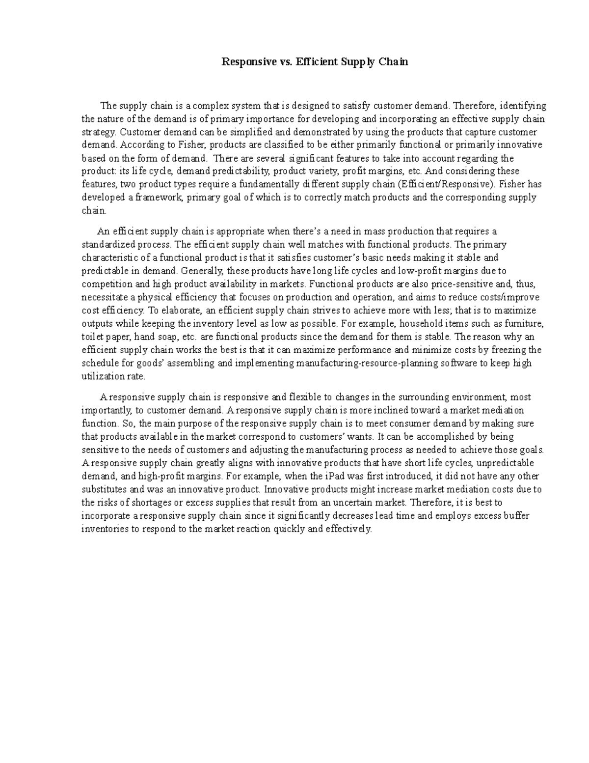 Responsive vs Efficient - Responsive vs. Efficient Supply Chain The ...