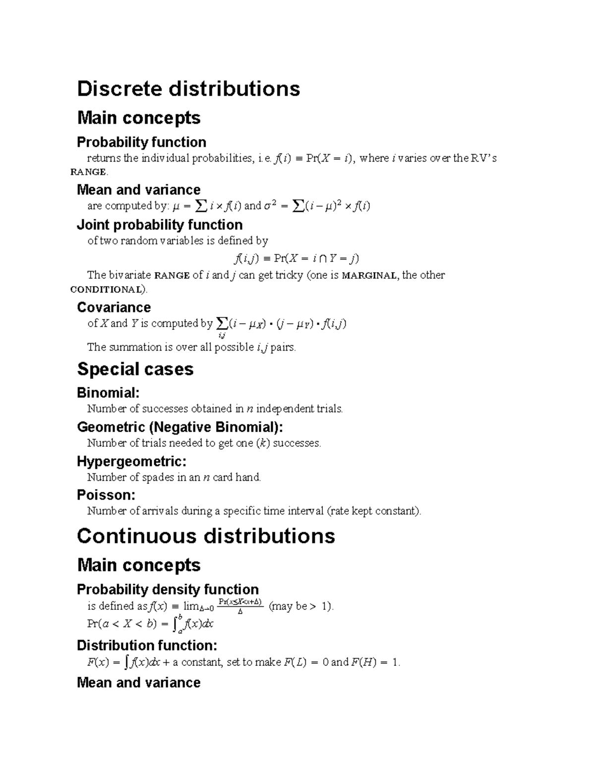 Summary of concepts and formulas - Discrete distributions Main concepts ...