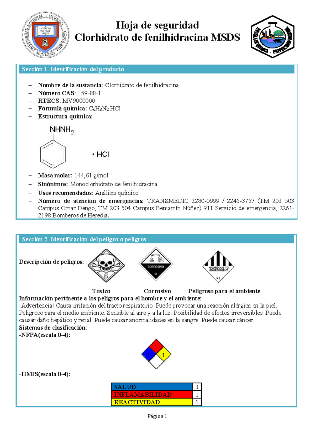 Cloruro de fenilhidrazina - Hoja de seguridad Clorhidrato de ...