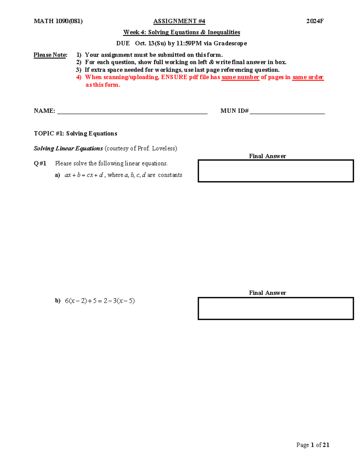 Written A - nothing - MATH 1090(081) ASSIGNMENT # 4 2024 F Week 4 : Solving Equations & - Studocu