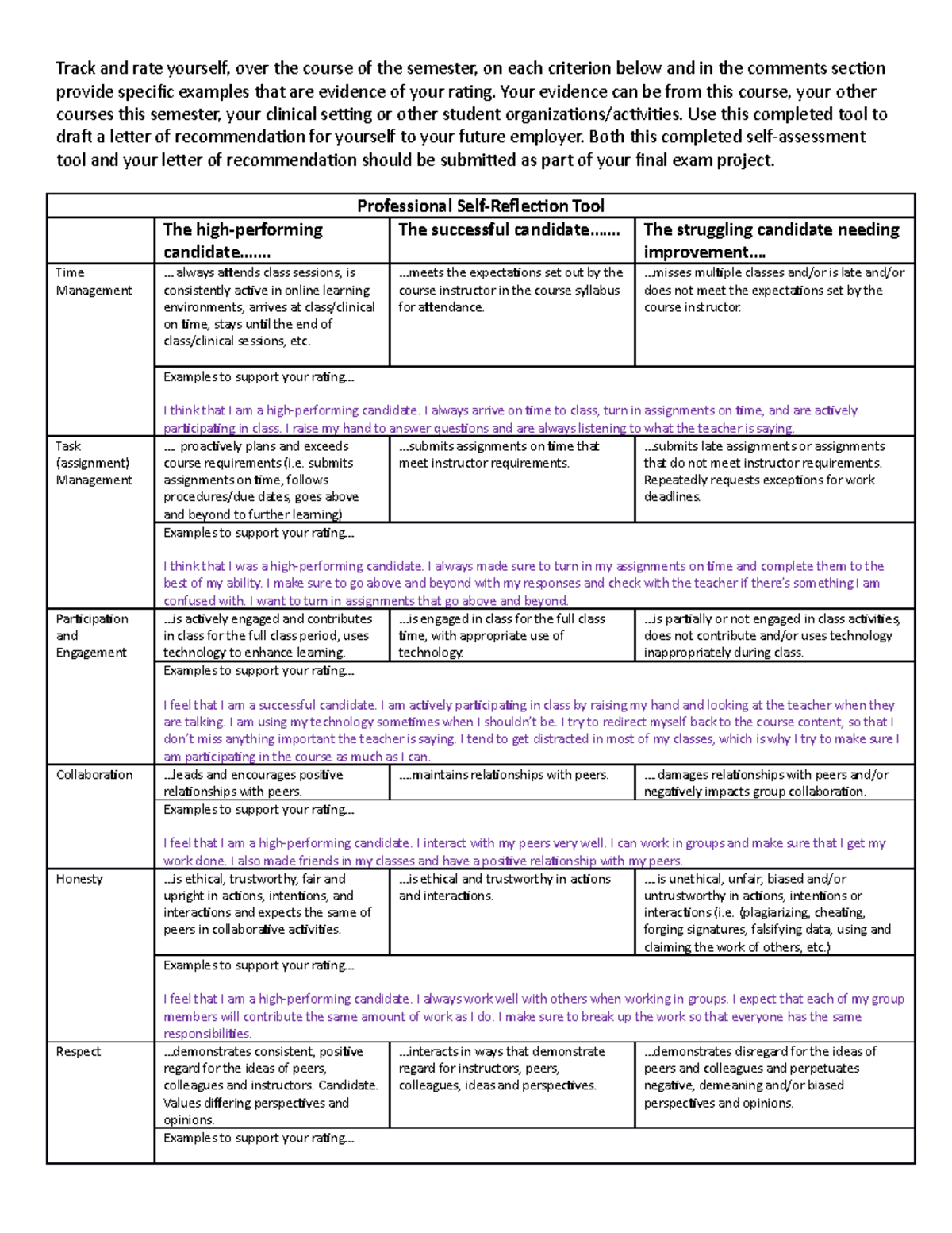 Professional Self-Assessment tool - Track and rate yourself, over the course of the semester, on ...