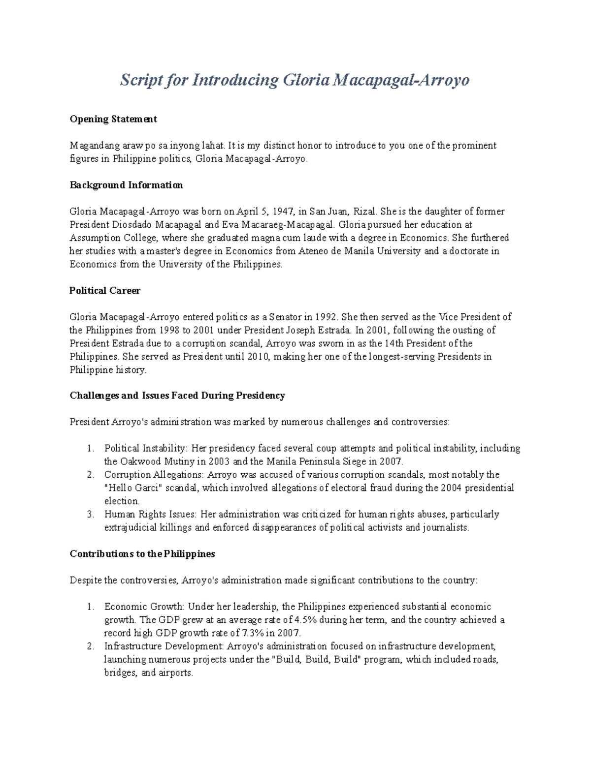 Script for Introducing Gloria Macapagal - Script for Introducing Gloria Macapagal-Arroyo Opening ...
