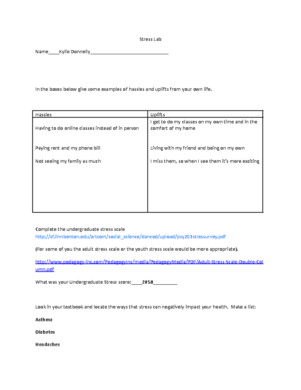 Stress lab (40) - Stress Lab Name____Kylie Donnelly ...