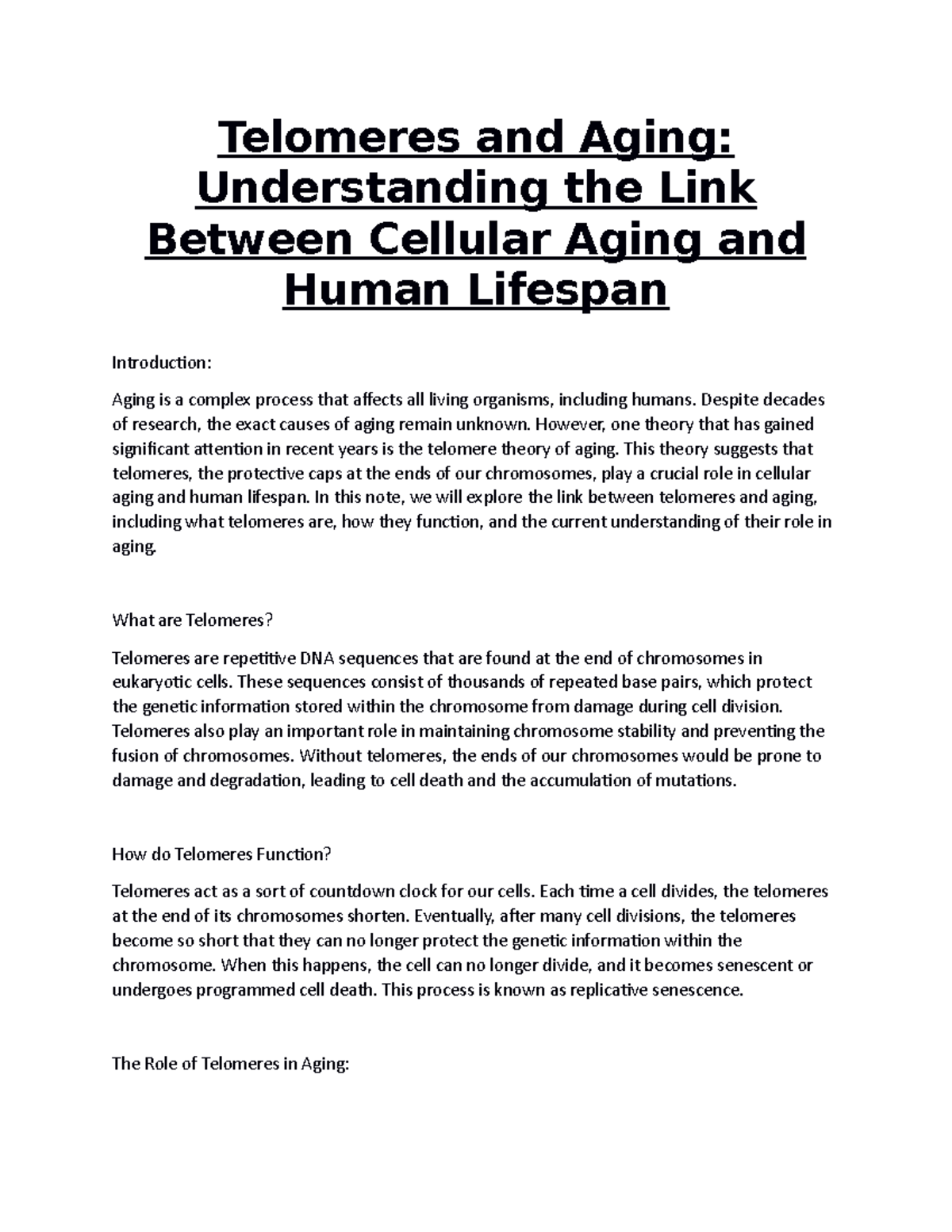 Telomeres and Aging: Understanding the Link Between Cellular Aging and ...