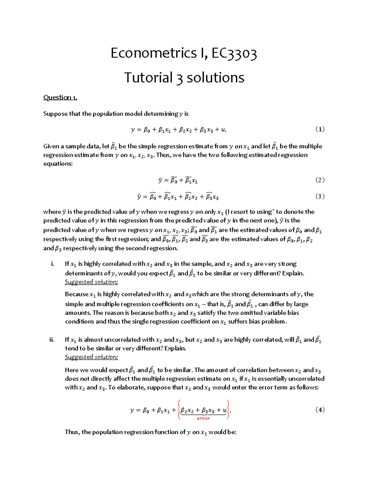 Tutorial 3 Sem2 2324 EC3303 solution - Econometrics I, EC Tutorial 3 solutions Question 1 ...
