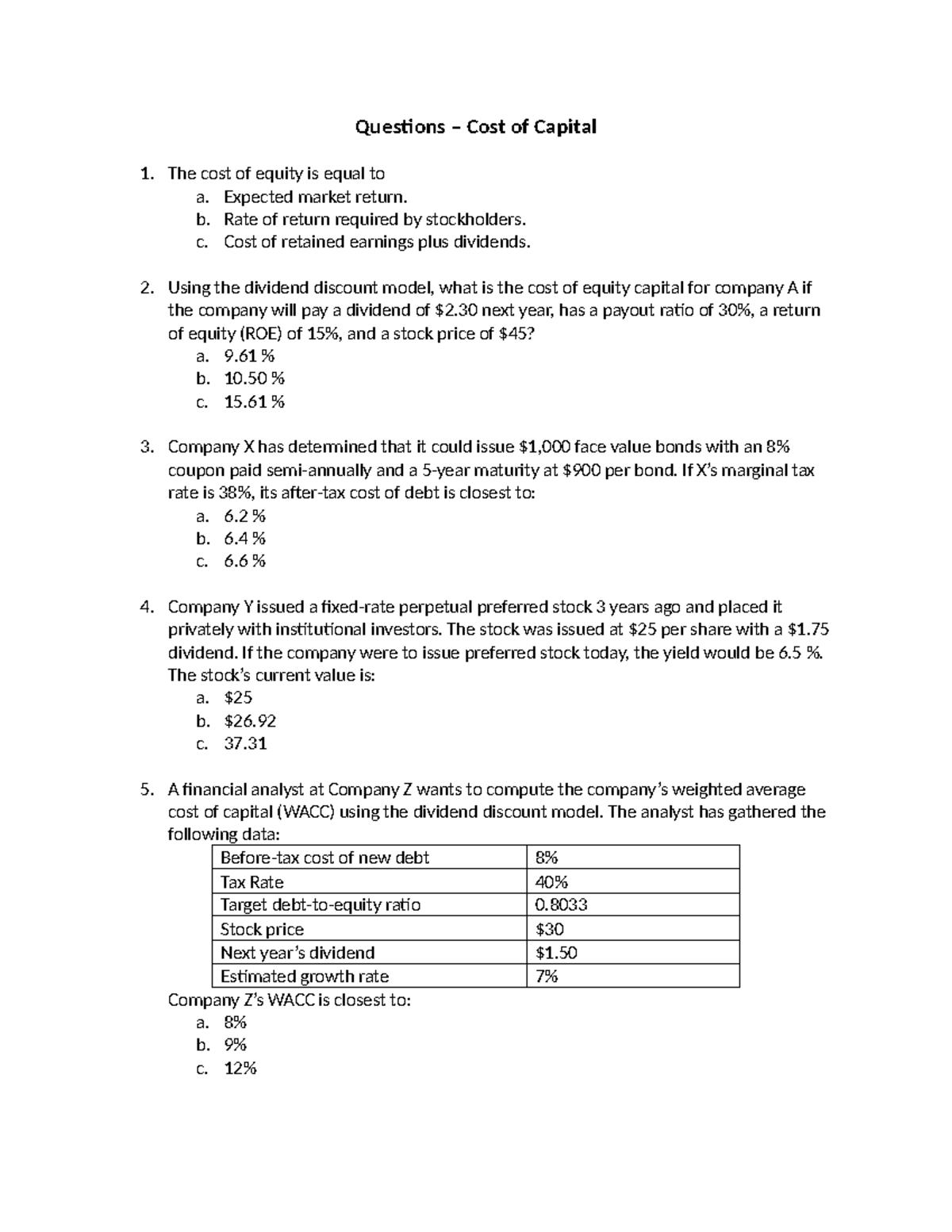 Questions - Cost of Capital - Questions – Cost of Capital The cost of ...
