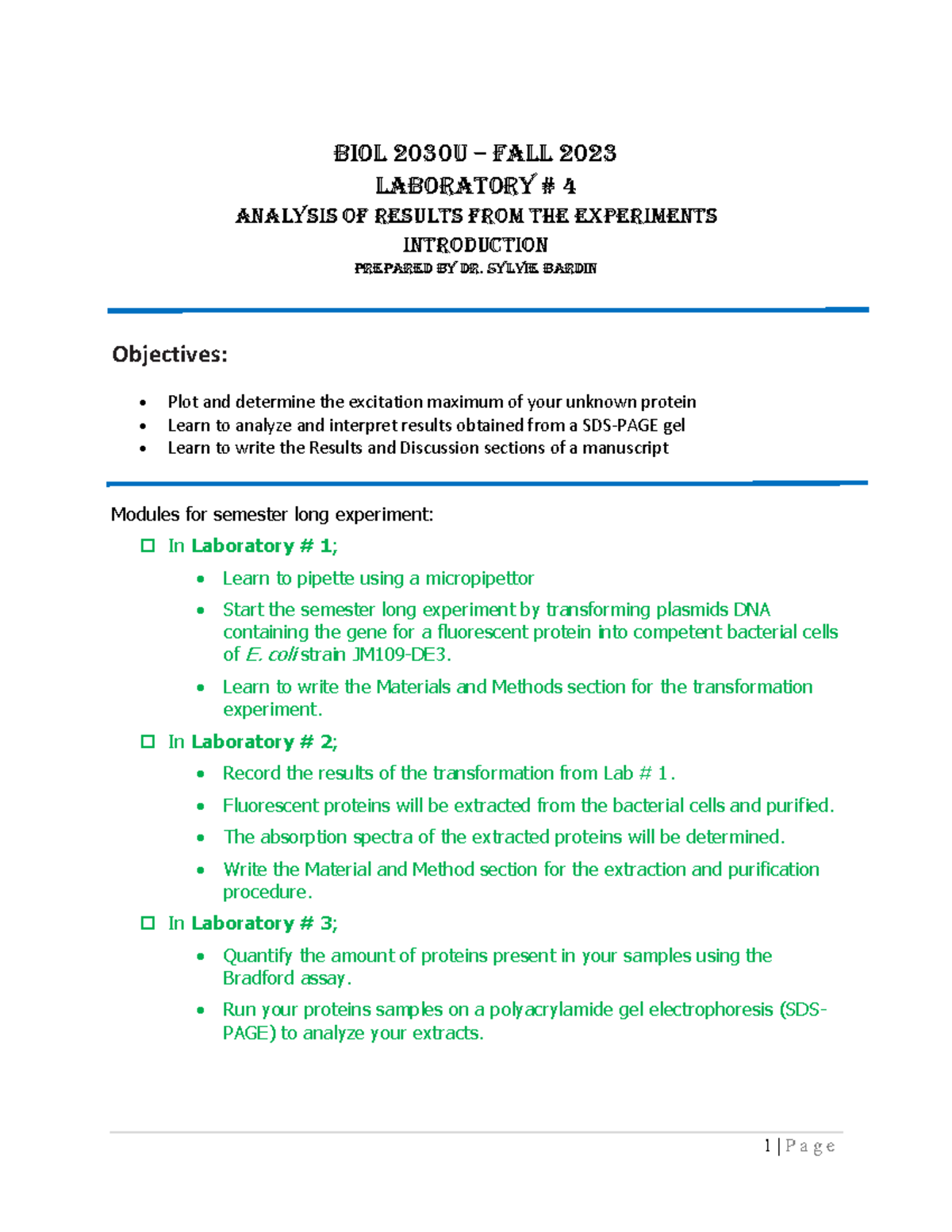 Lab 4- Introduction and protocol - F2023 - Biol 2030U – Fall 2023 ...