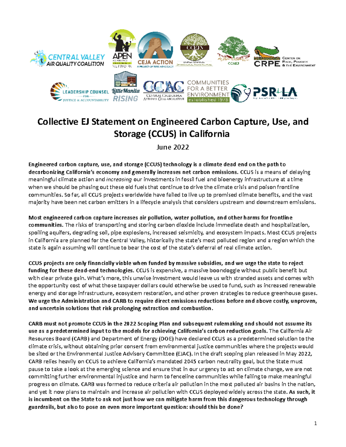 Collective EJ Statement on Engineered Carbon Capture, Use, and Storage ...
