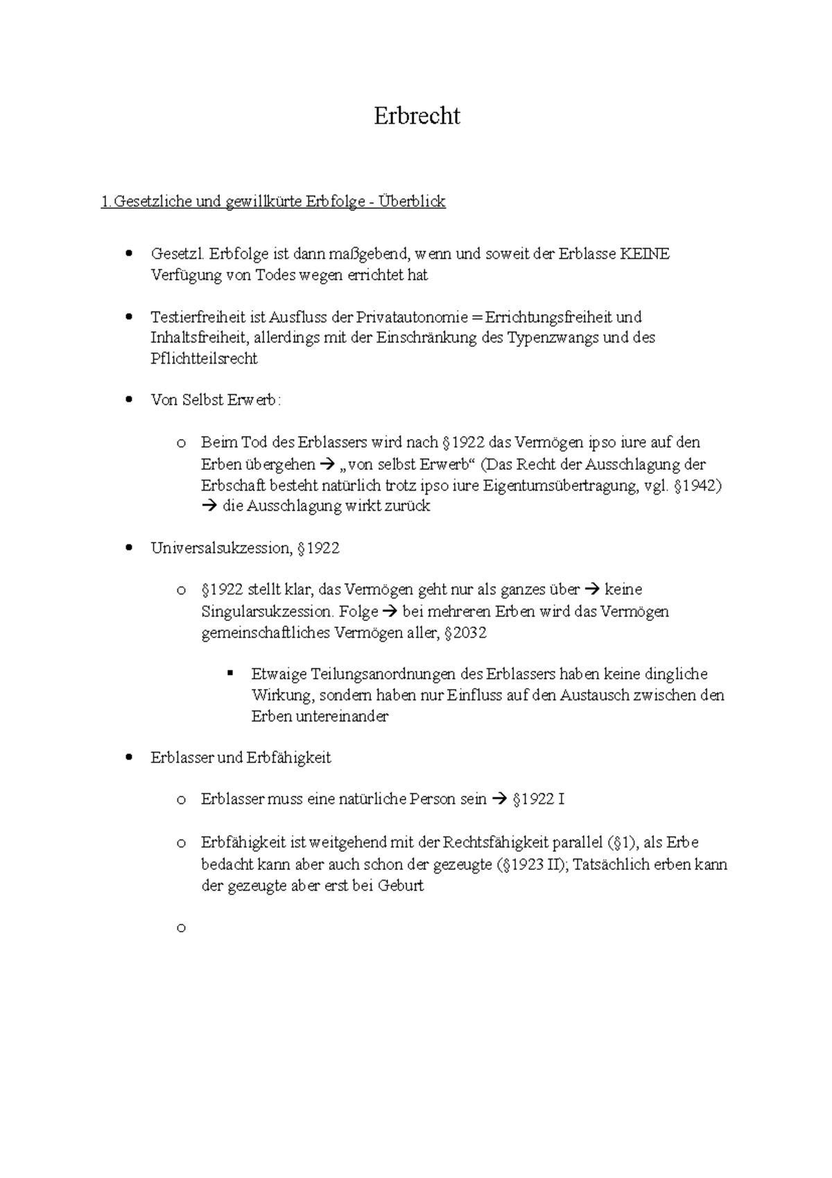 Erbrecht Zusammenfassung - Erbrecht 1 und gewillkürte Erbfolge ...