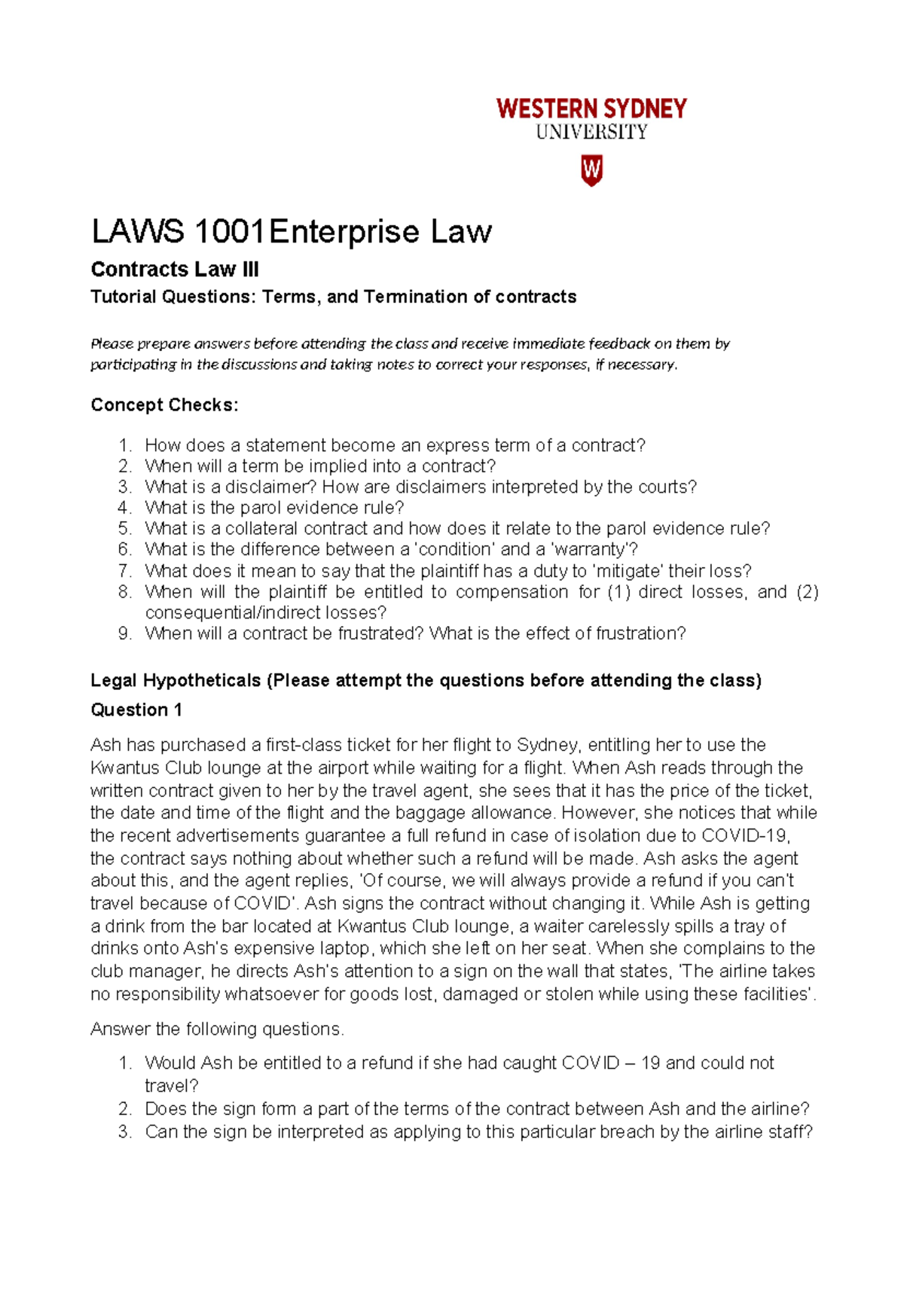 Contract Law III - LAWS 1001Enterprise Law Contracts Law III Tutorial ...