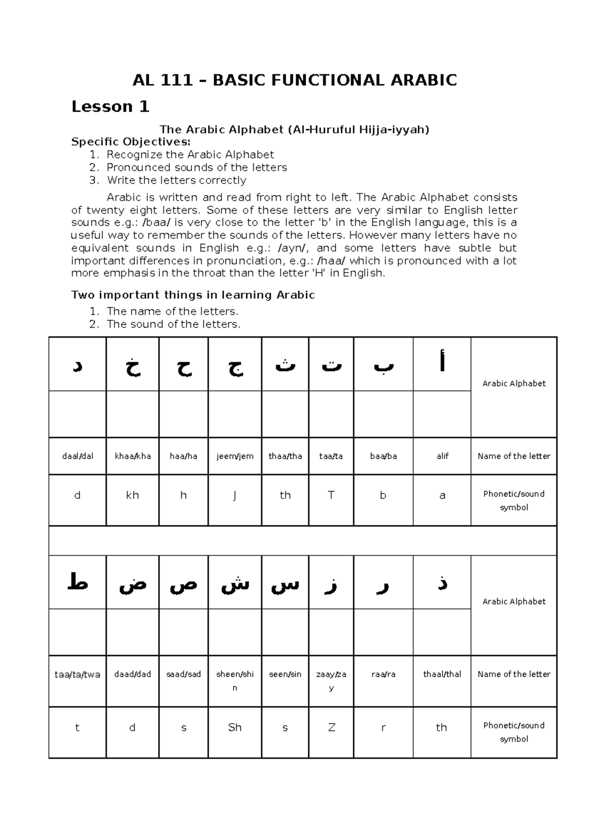 Arabic 111 - be media literate. - AL 111 – BASIC FUNCTIONAL ARABIC ...