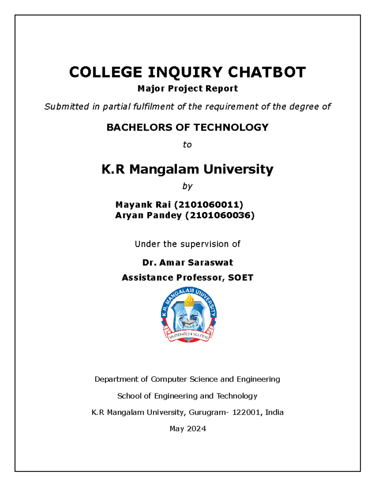 Final Report - COLLEGE INQUIRY CHATBOT Major Project Report Submitted ...