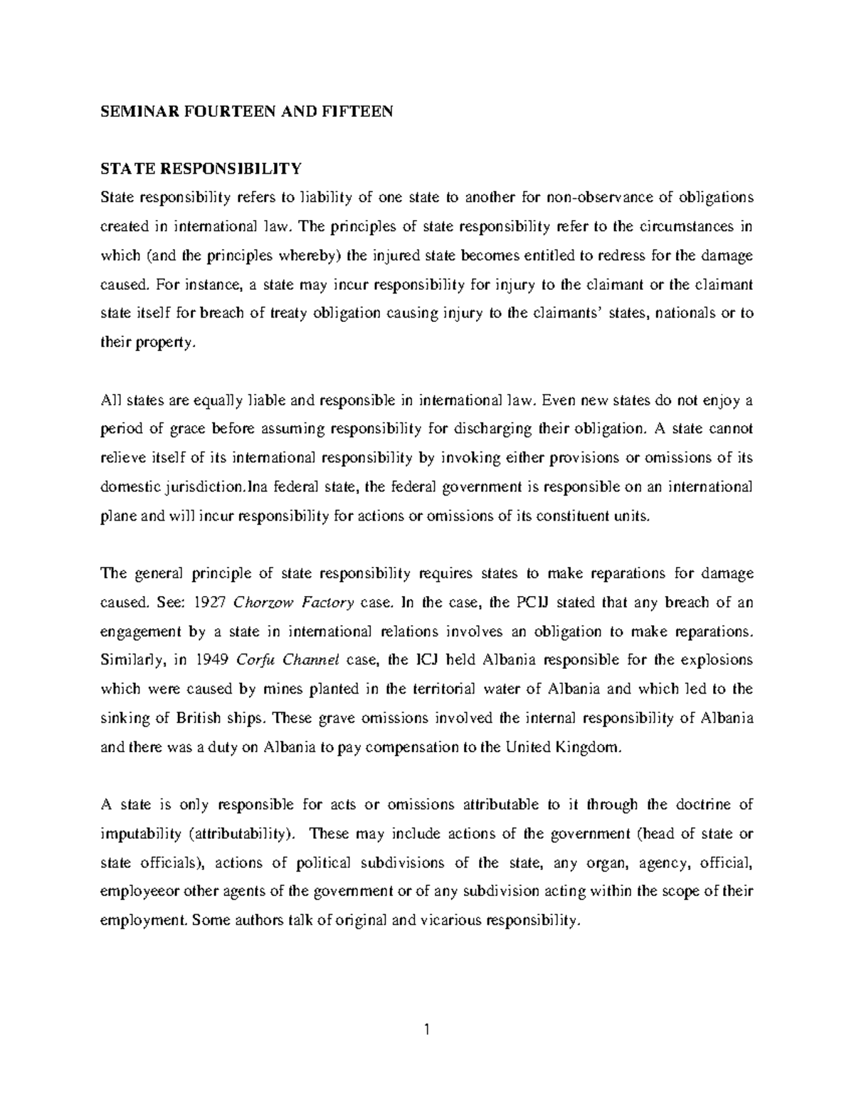 Seminar 14 AND 15 - State Responsibility-1 - SEMINAR FOURTEEN AND ...