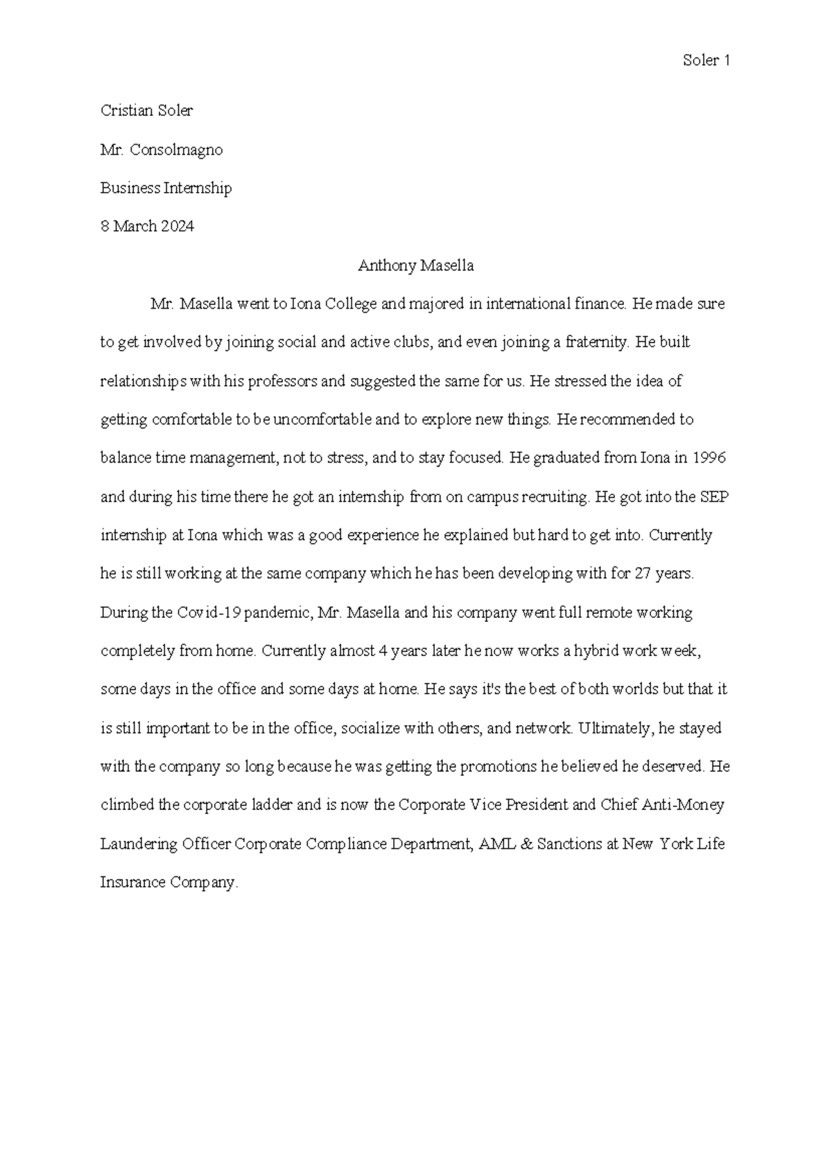internship Essay - Soler 1 Cristian Soler Mr. Consolmagno Business ...