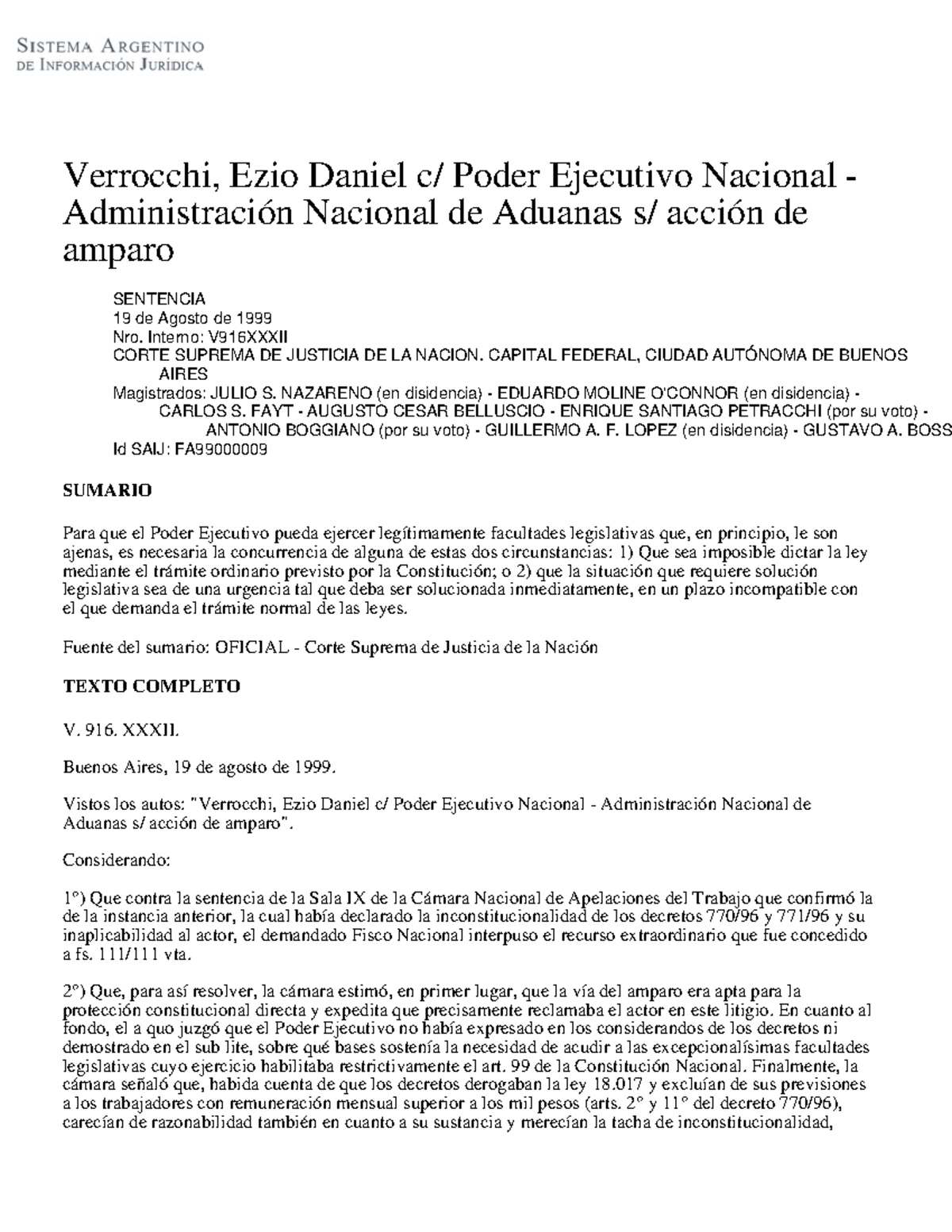 Verrocchi, Ezio Daniel c Poder Ejecutivo Nacional - Administración ...
