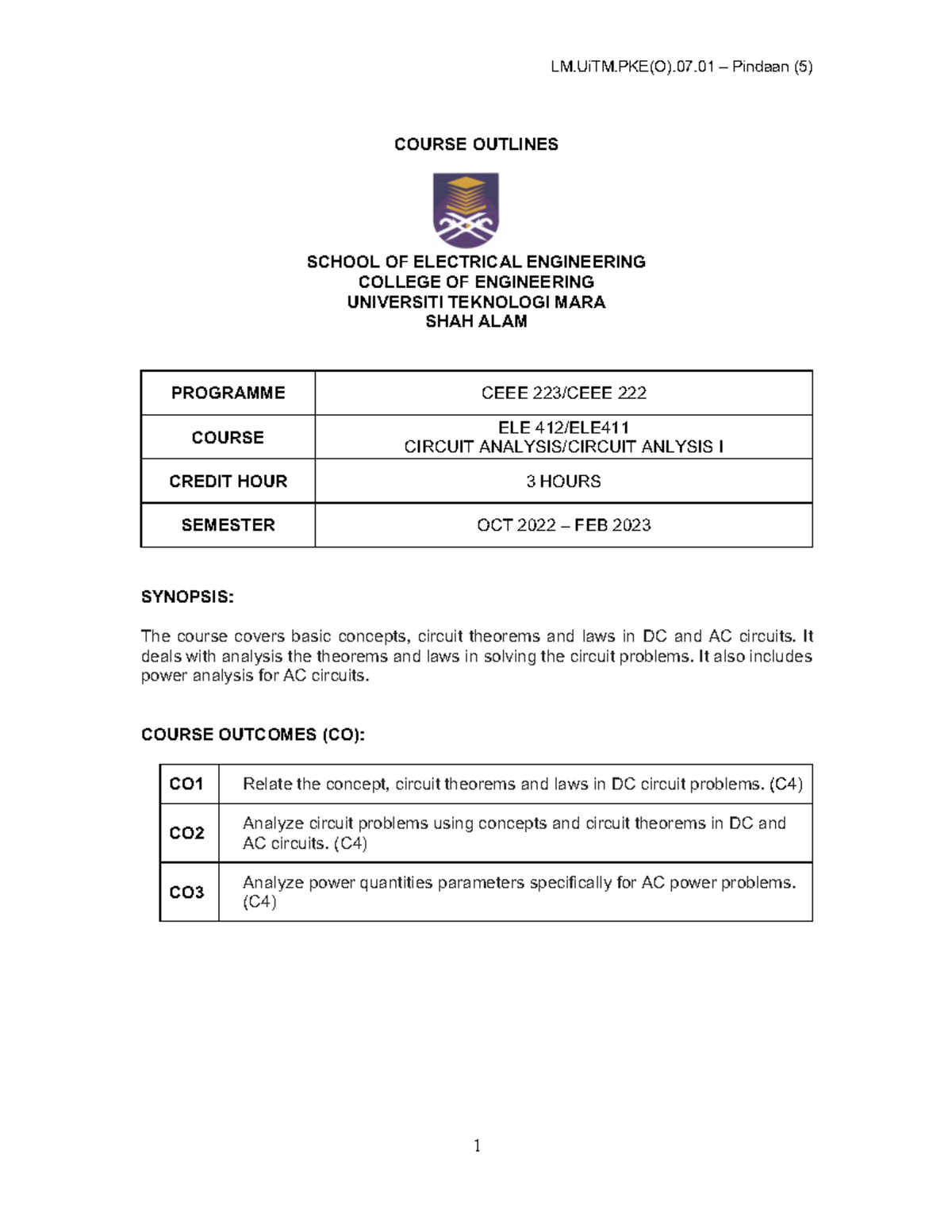 Course Outlines ELE412-411 oct feb2023 - COURSE OUTLINES SCHOOL OF ...