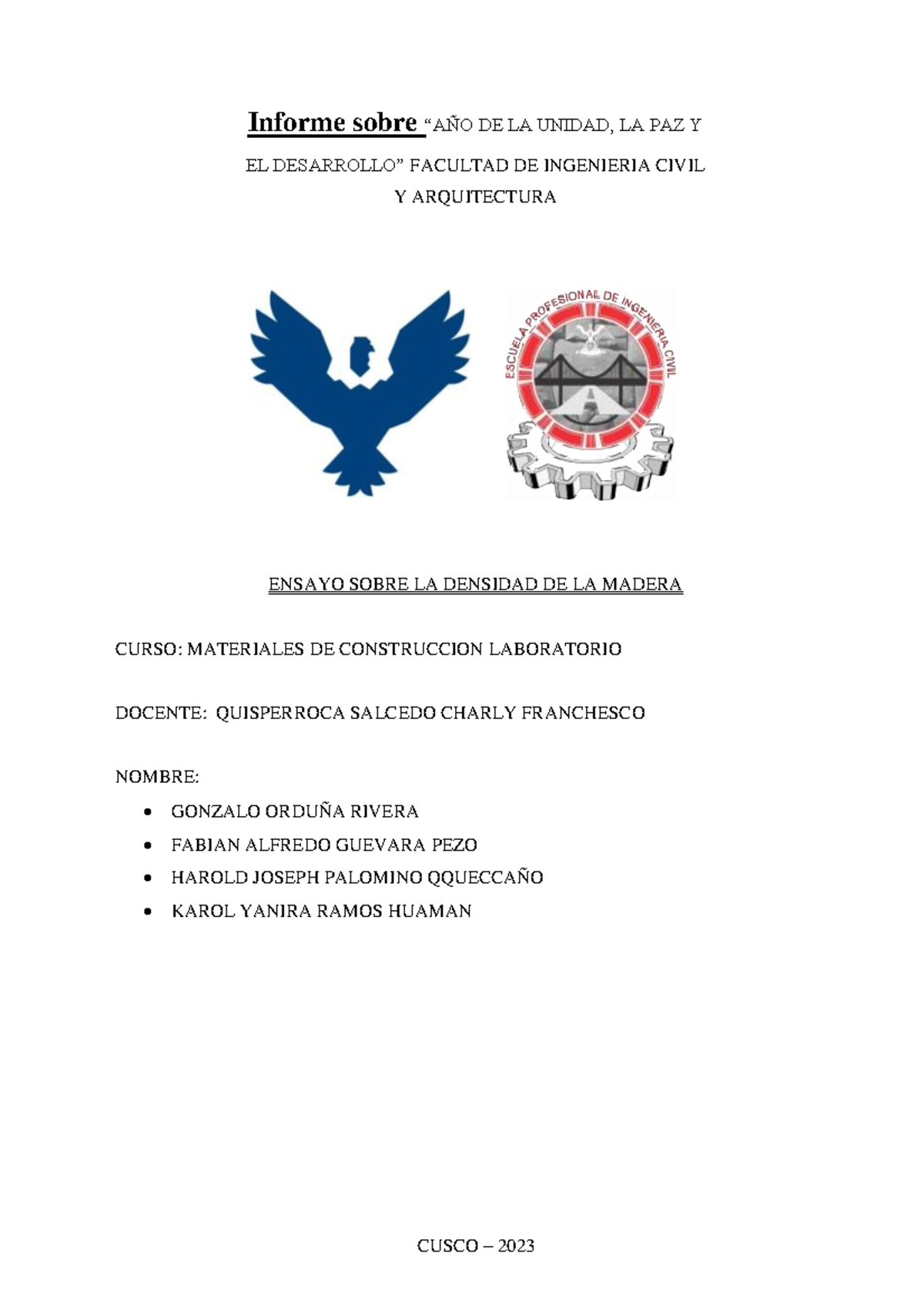 EXPO Materiales - QWEQWEQWE - Informe sobre “AÑO DE LA UNIDAD, LA PAZ Y ...