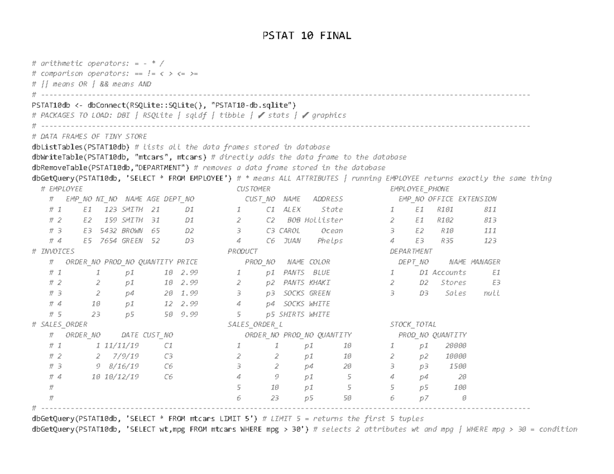 Pstat 10 Glossary - arithmetic operators: = - * / comparison operators ...