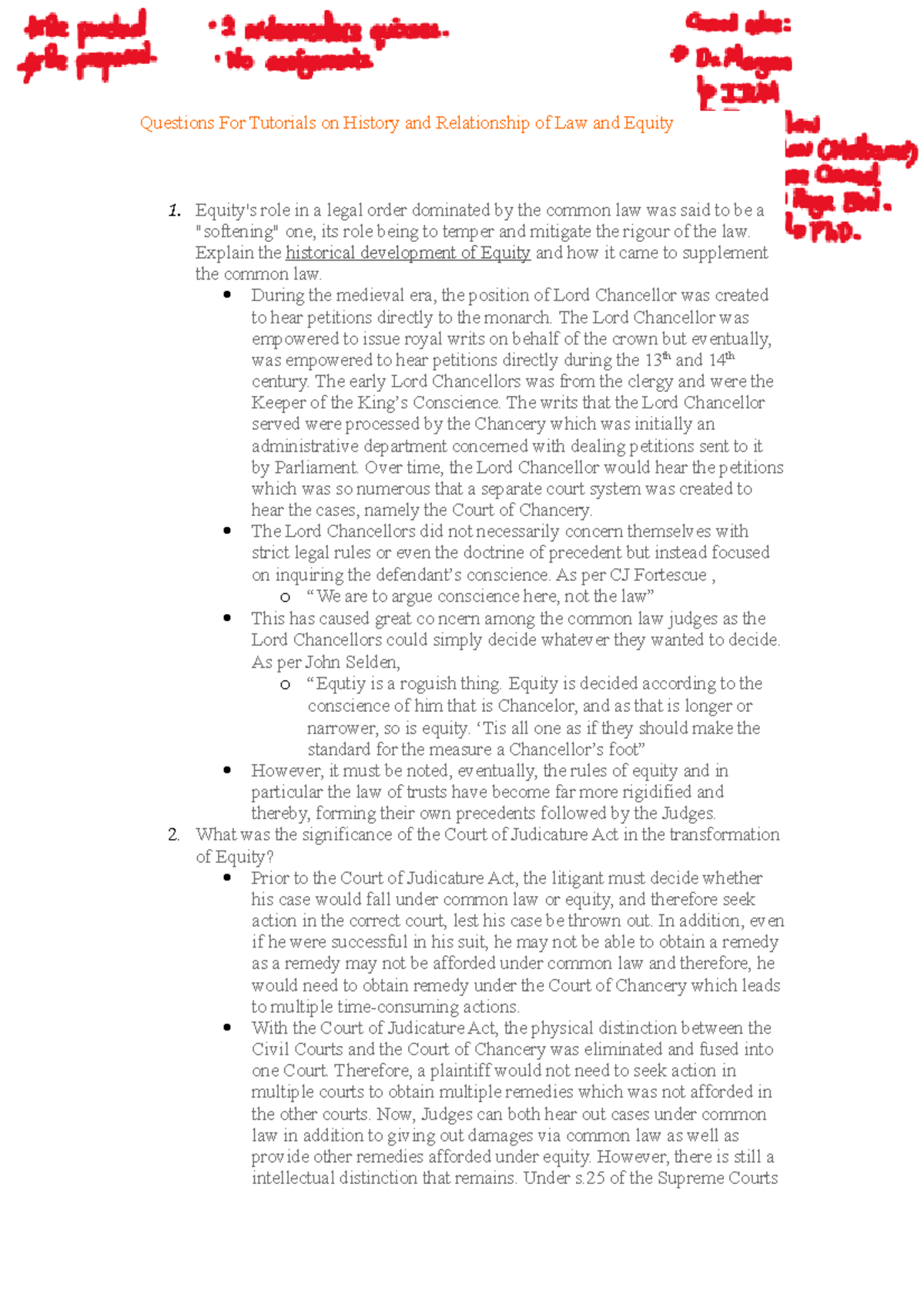 Equity tutorial week 1 - Week 1 - Questions For Tutorials on History and Relationship of Law and ...