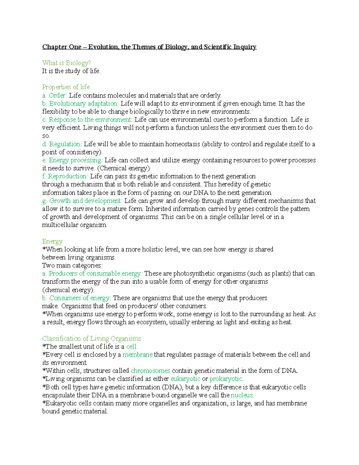 Biology Notes (Exam I) - Chapter One – Evolution, the Themes of Biology ...