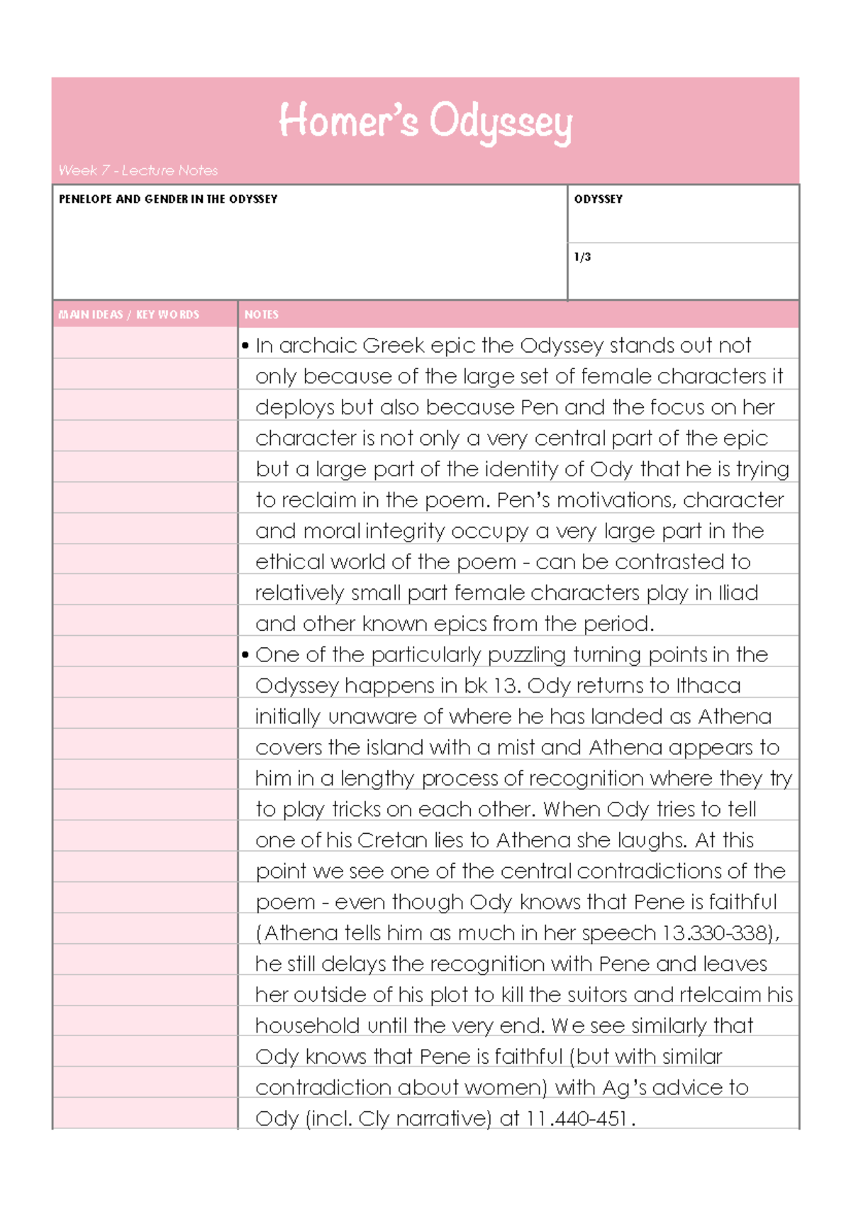Week 7 - Odyssey Lecture Notes - Homer’s Odyssey Week 7 - Lecture Notes ...
