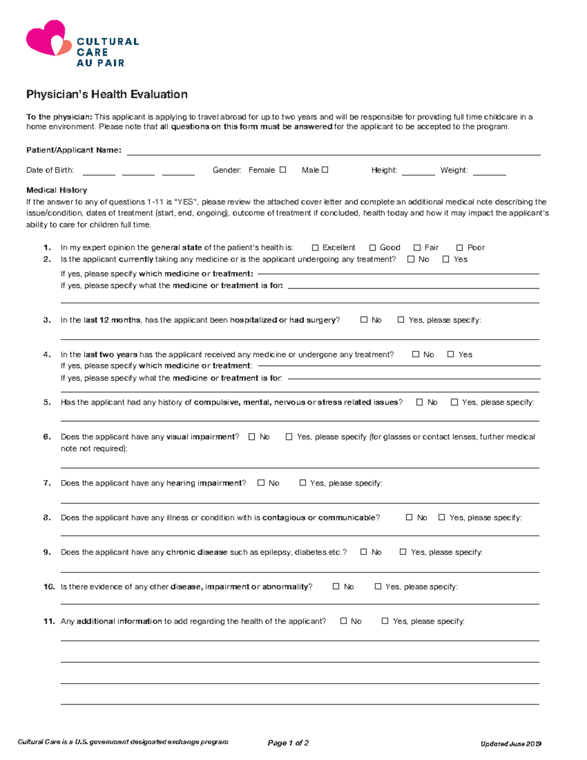 Physician s Health Evaluation form - Physician’s Health Evaluation To ...