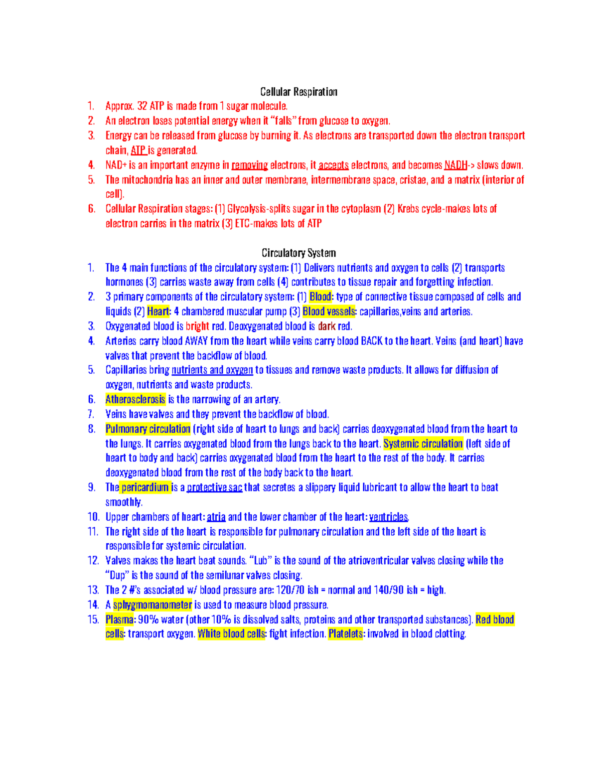 Cellular Respiration and Circulatory System - Cellular Respiration ...