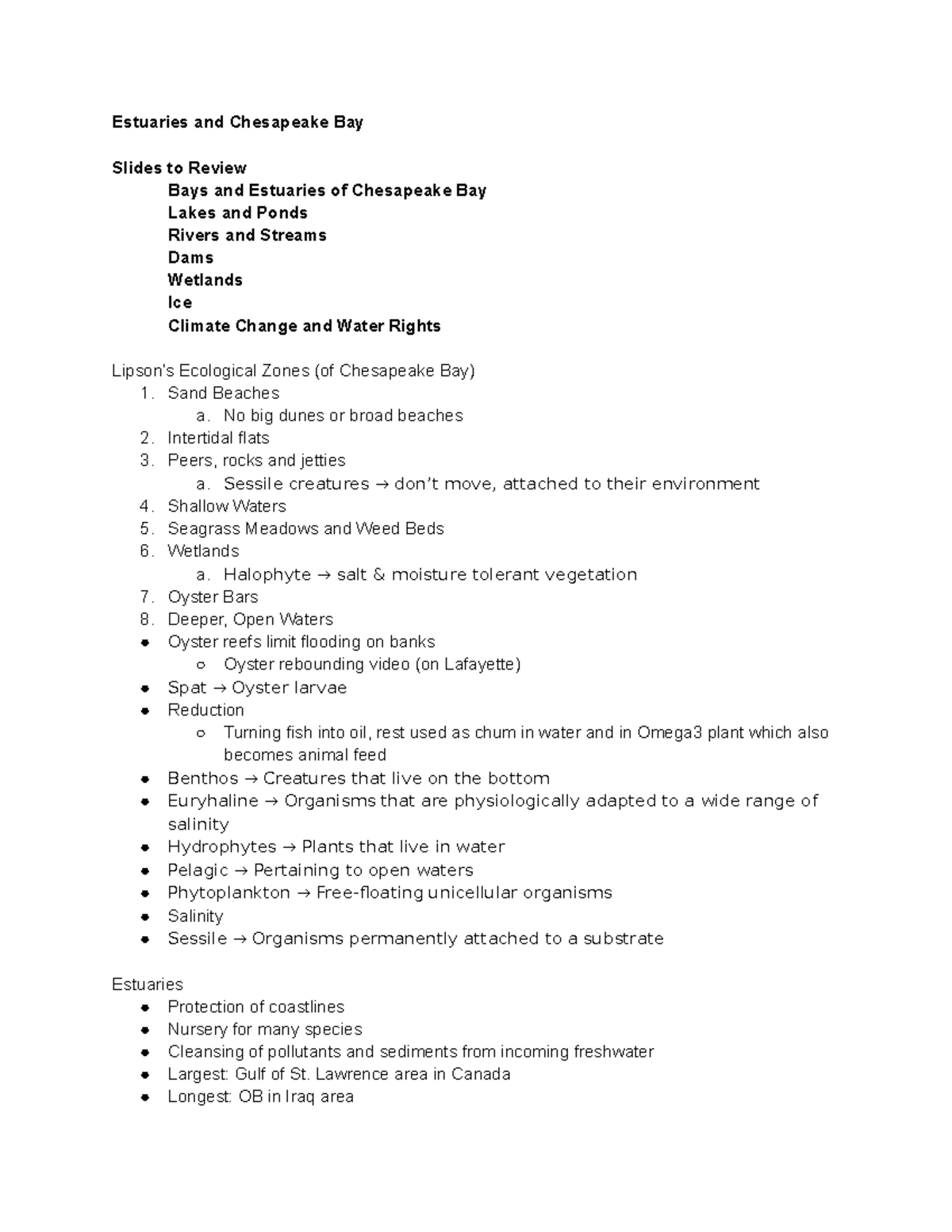 Water Resources Final - Study Guide. - Estuaries and Chesapeake Bay ...