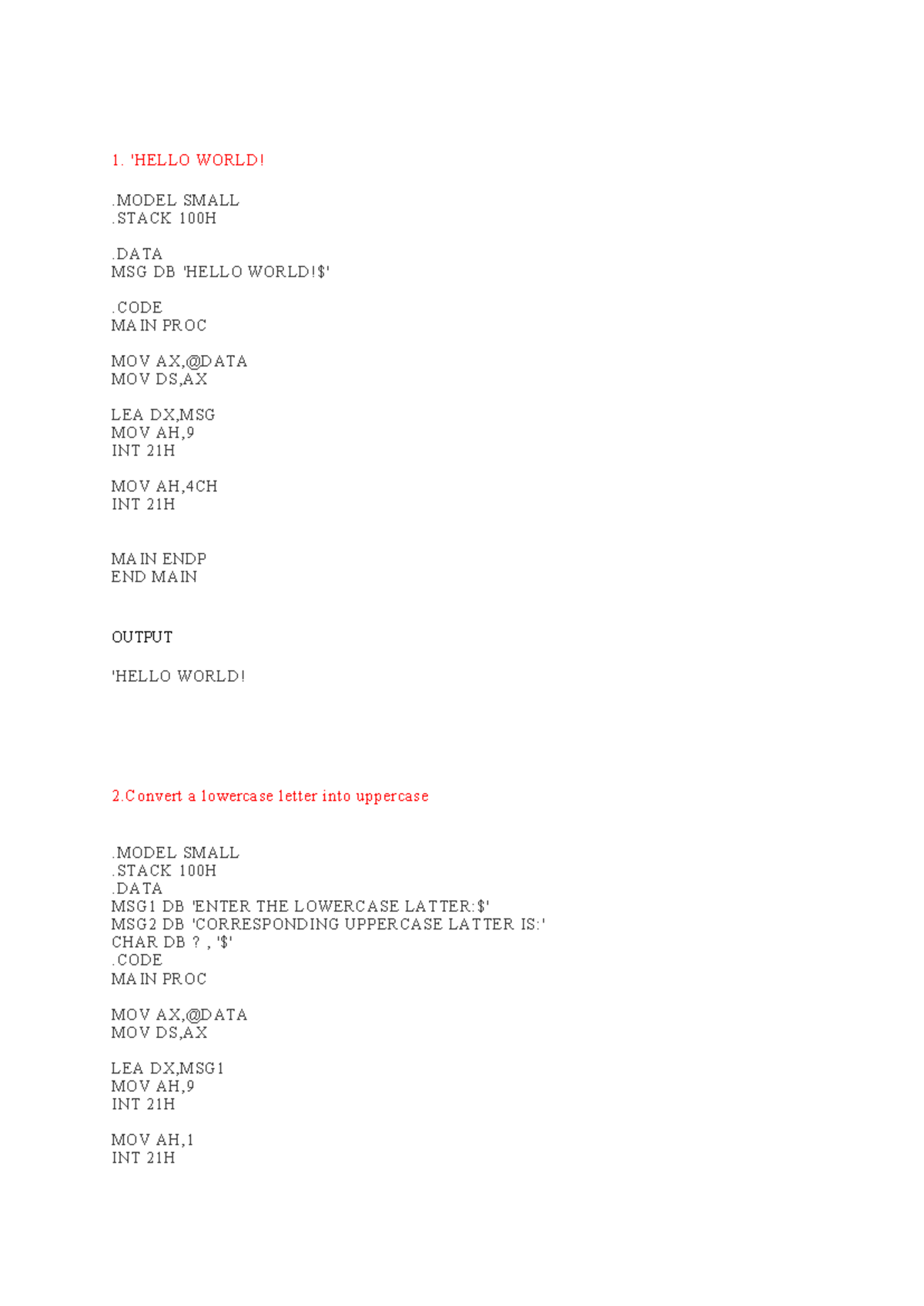 Assembly Language Programminglab - Copy - 1. 'HELLO WORLD! .MODEL SMALL ...