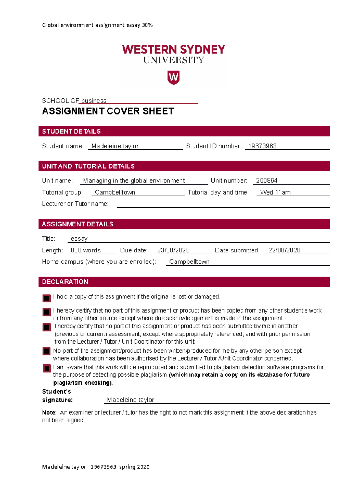 Global assignment - SCHOOL OF business ASSIGNMENT COVER SHEET STUDENT ...