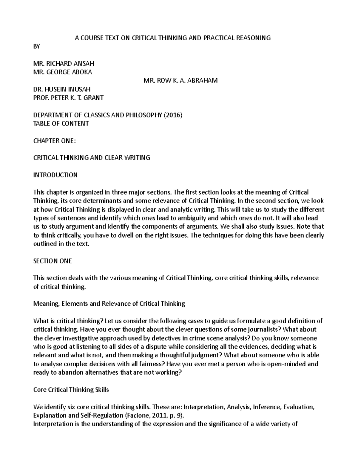 Critical Thinking Textbook - A COURSE TEXT ON CRITICAL THINKING AND ...