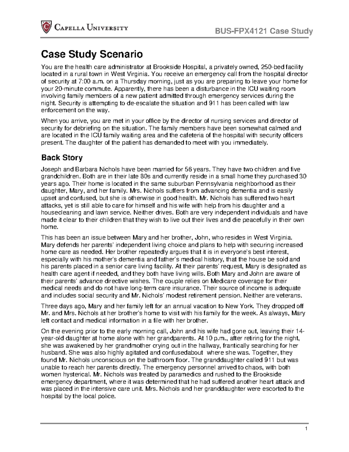 Cf case study - BUS-FPX4121 Case Study 1 Case Study Scenario You are ...