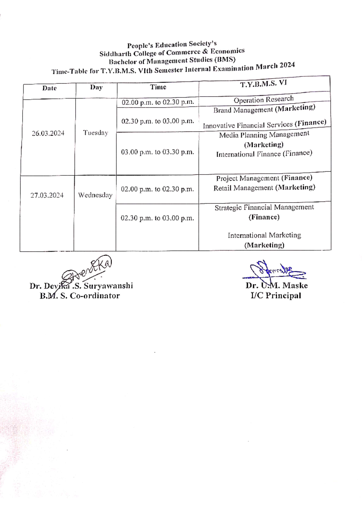 Time table for Types VI TH SEM Internal Examination March 2024 - BMS - Studocu