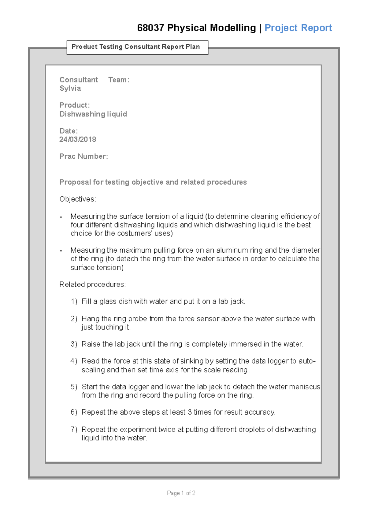 Project Plan 1 - 68037 Physical Modelling | Project Report Product ...