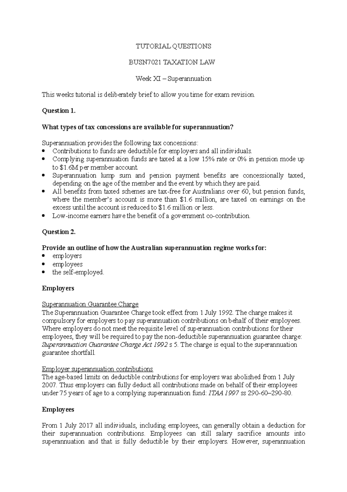 Tutorial Questions BUSN7021 Taxation LAW Week XI - Superannuation(Notes ...