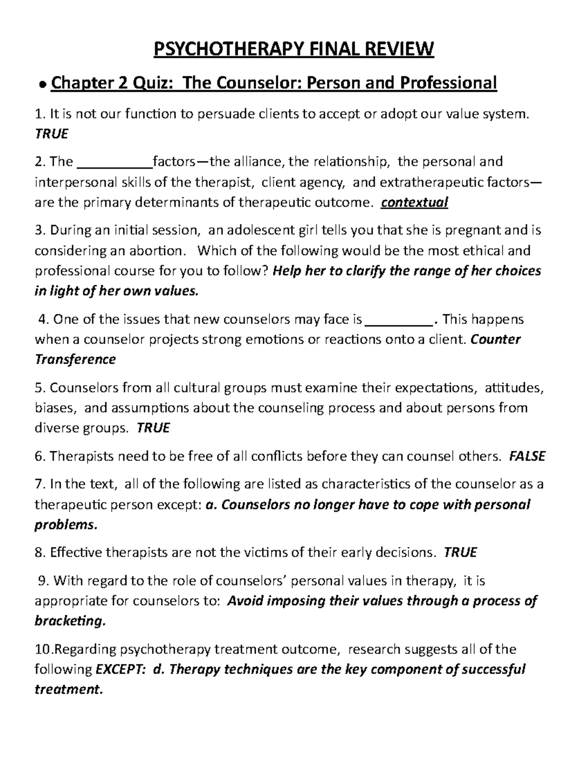 Final Exam quizzes Psychotherapy - PSYCHOTHERAPY FINAL REVIEW Chapter 2 ...