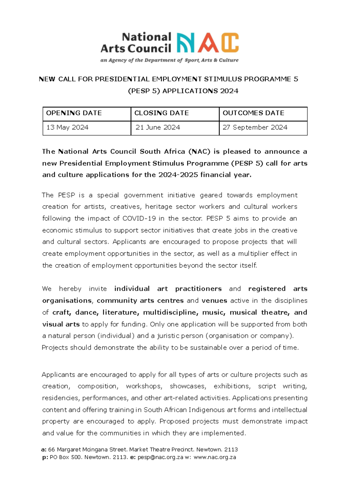 Call for PESP-5-Funding Advert - a: 66 Margaret Mcingana Street. Market ...