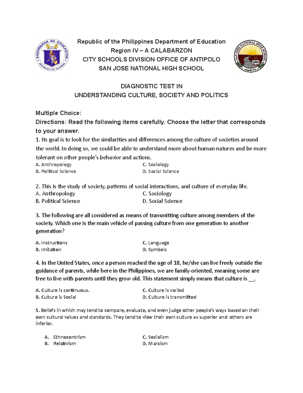 UCSP Diagnostic Test S - Republic of the Philippines Department of ...