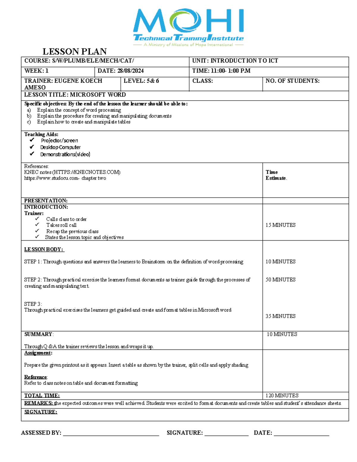 Introduction TO ICT Lesson PLAN - LESSON PLAN COURSE: S/W/PLUMB/ELE ...