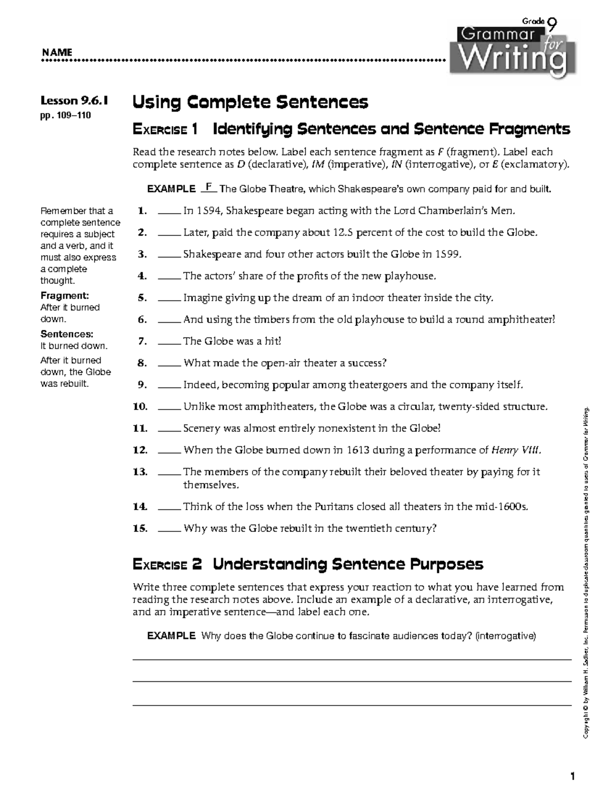 Grammar Worksheet Types of Sentences - NAME Grade 9 1 Using Complete ...