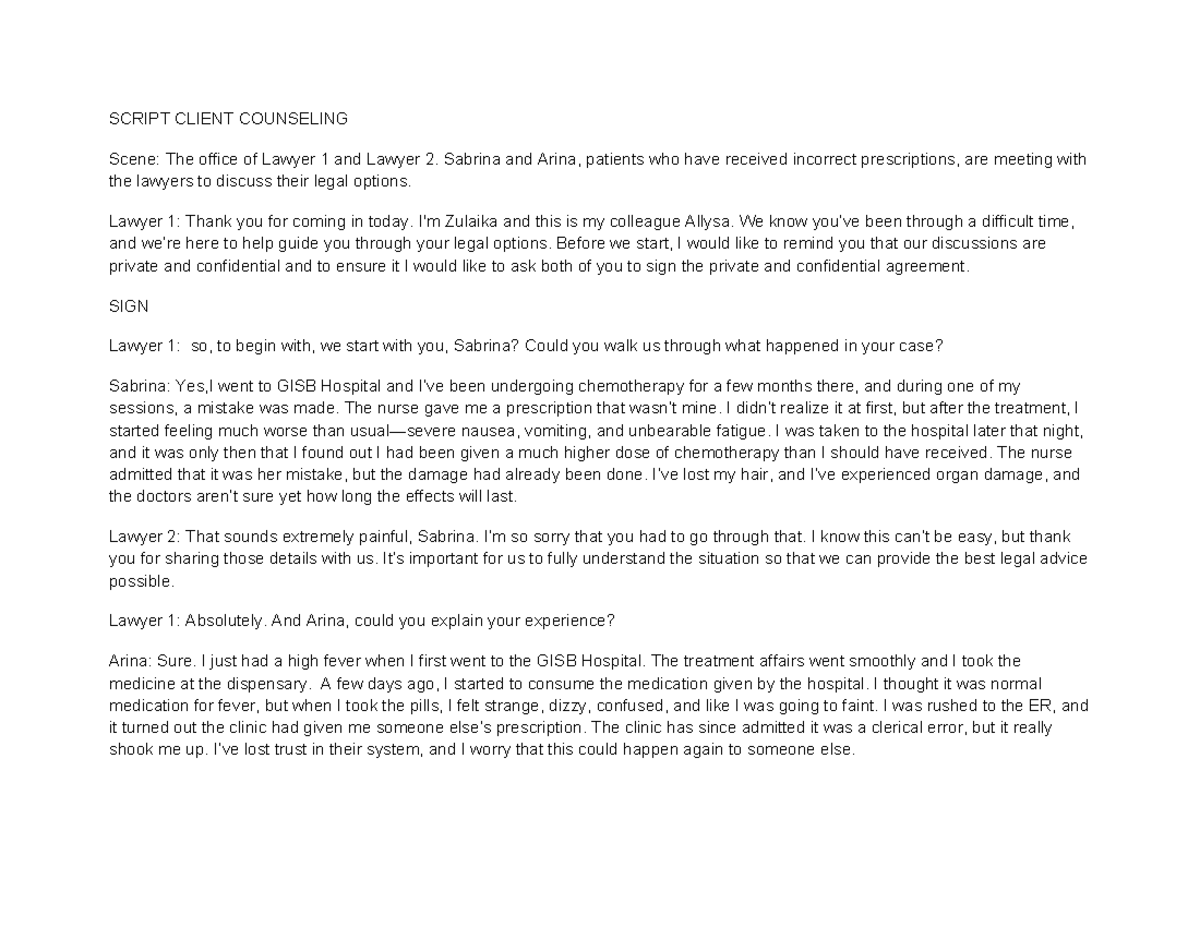 Client counselling - SCRIPT CLIENT COUNSELING Scene: The office of ...