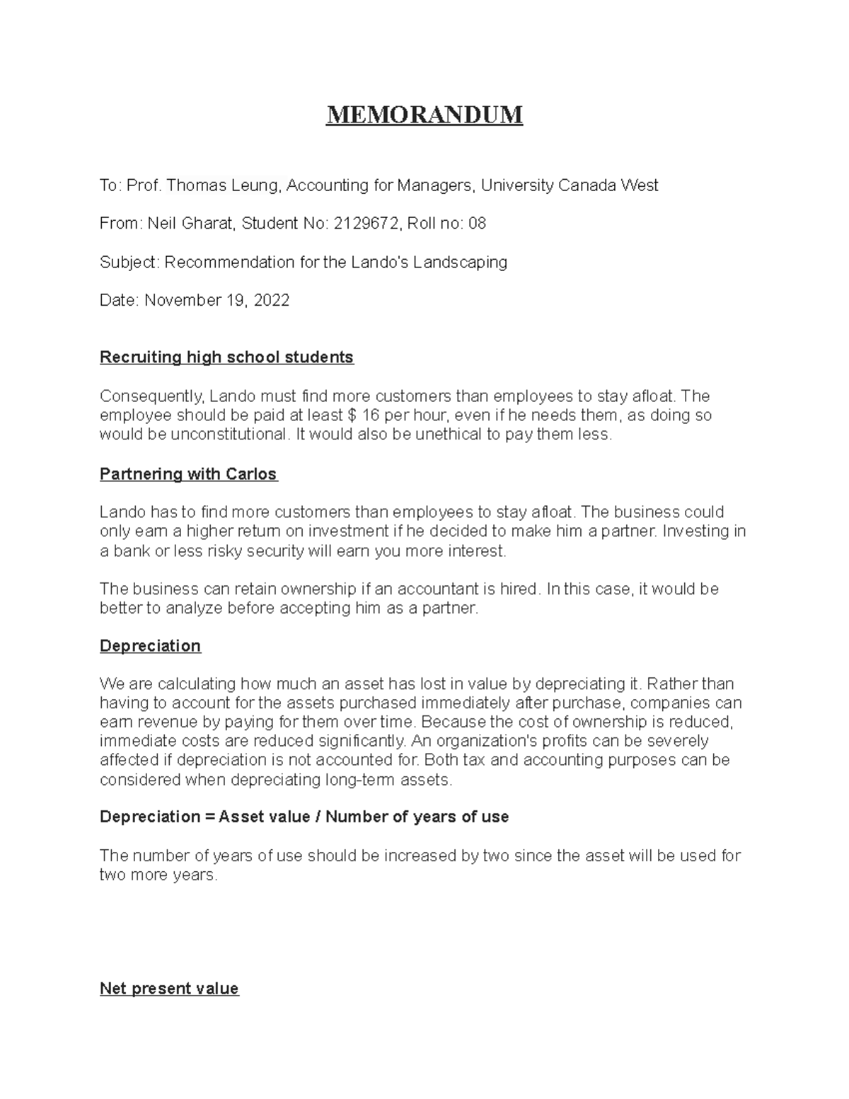 Accounts Individual assignment - MEMORANDUM To: Prof. Thomas Leung ...