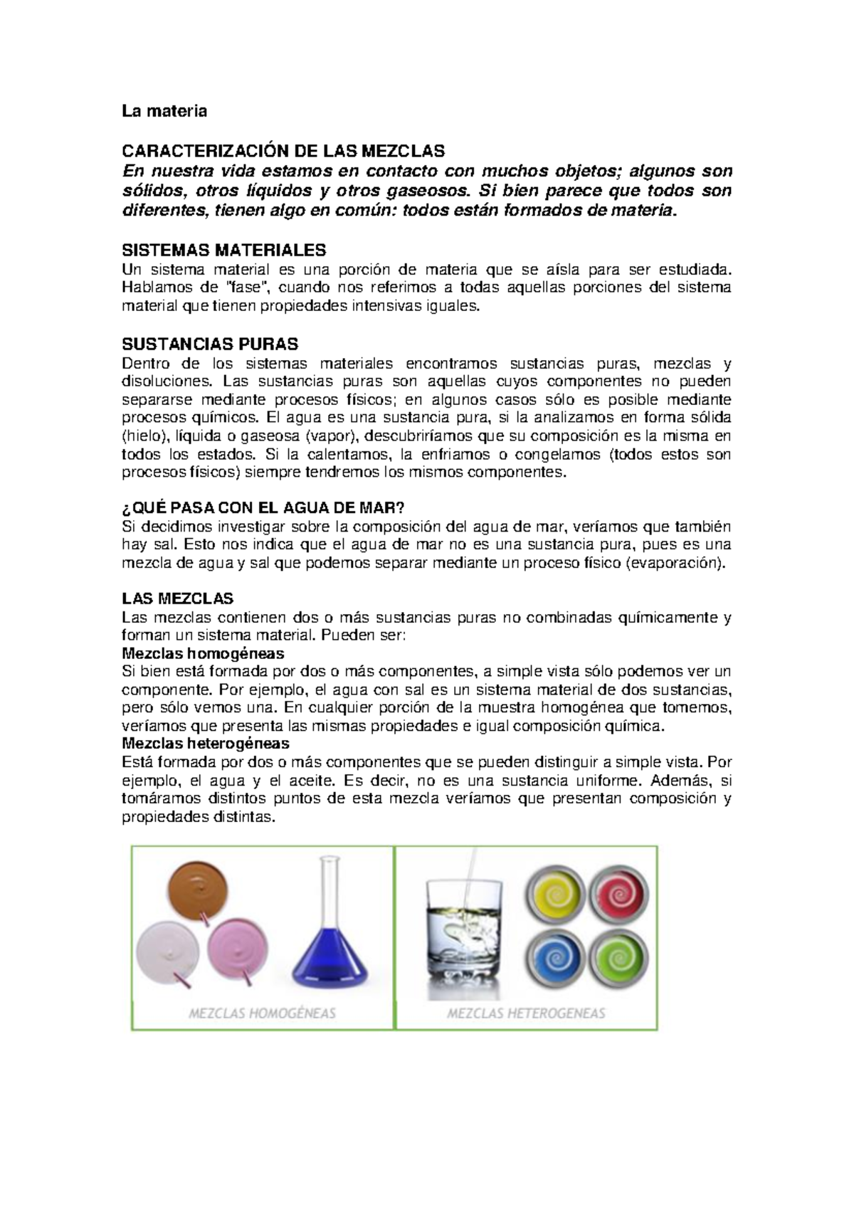 Mezclas homogeneas y heterogeneas - La materia CARACTERIZACIÓN DE LAS ...
