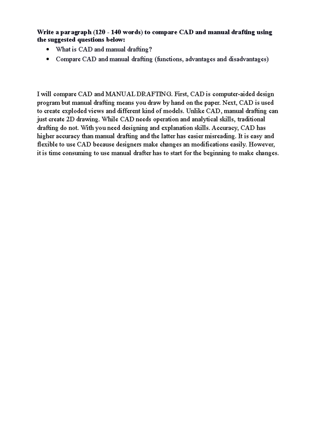 Unit4 CAD manual drafting - Write a paragraph (120 - 140 words) to ...