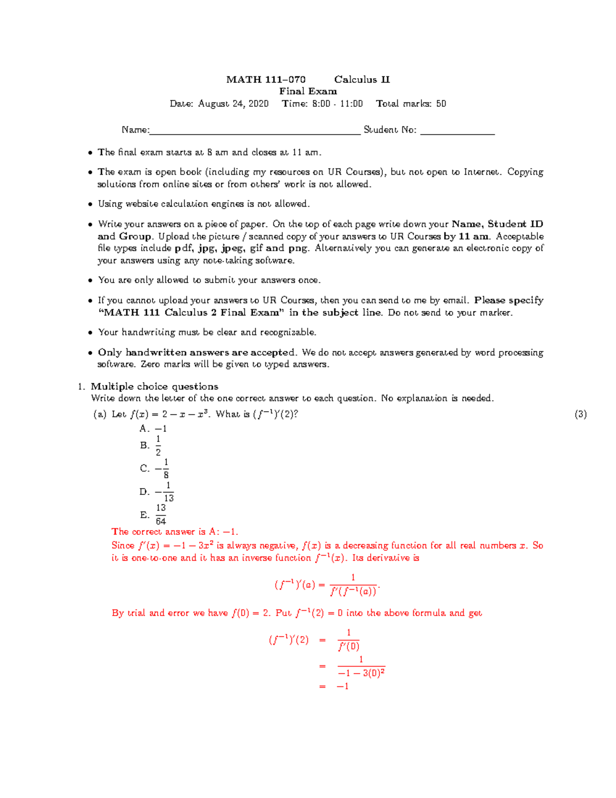 Final Solution Math 111 070 Calculus Ii Final Exam Date August 24