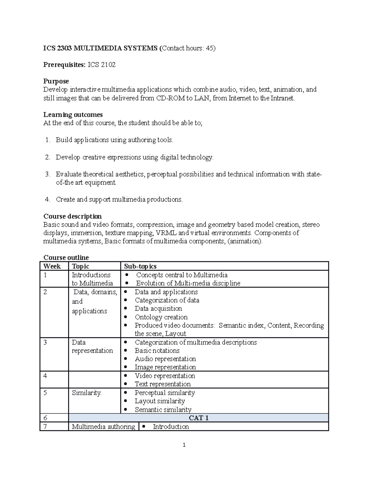 ICS 2303 Multimedia Systems Course Outline - ICS 2303 MULTIMEDIA ...
